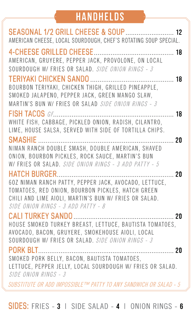 Our Menus - Rod & Hammer's - California Whiskey