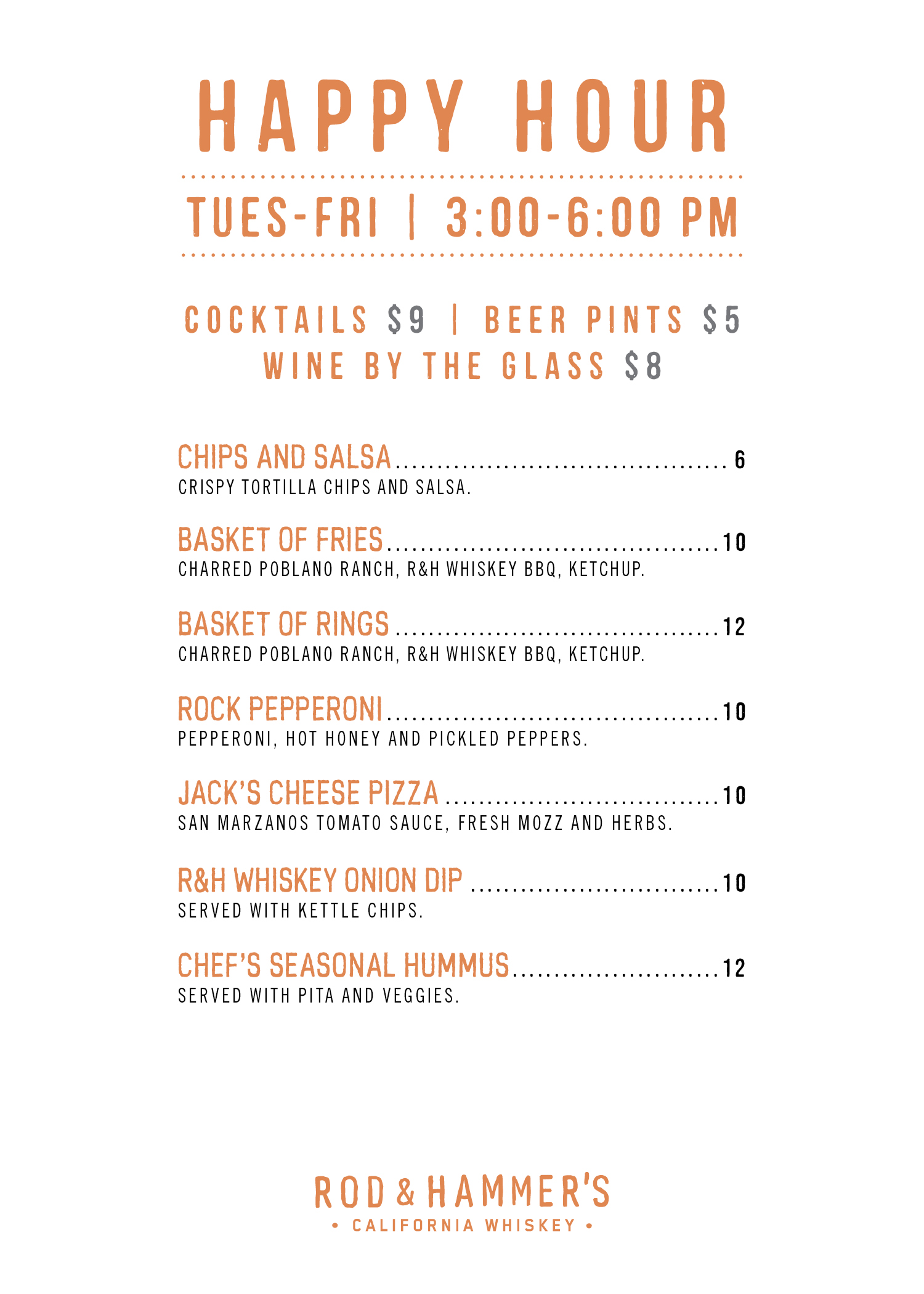 Our Menus - Rod & Hammer's - California Whiskey