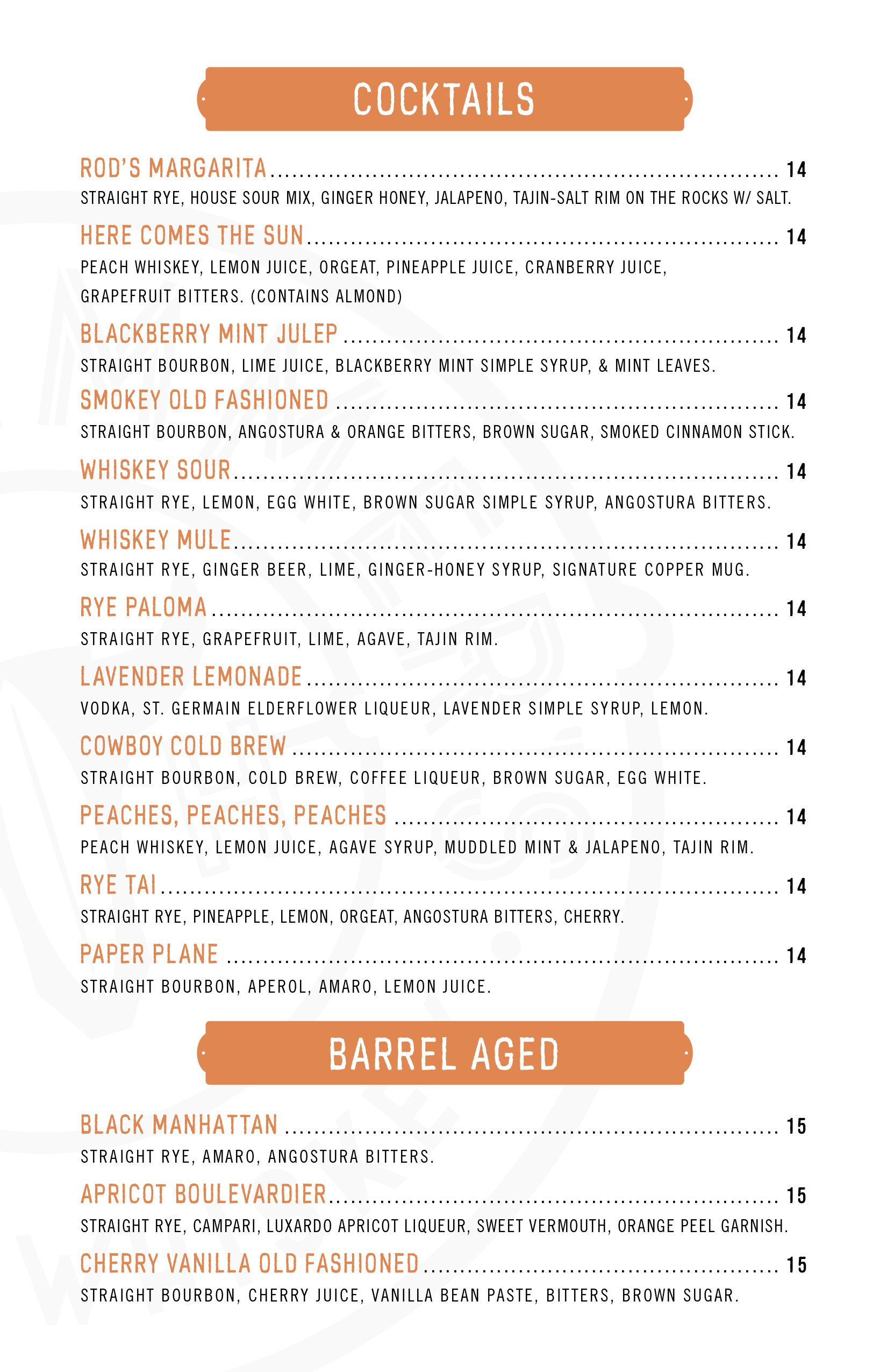 Our Menus - Rod & Hammer's - California Whiskey
