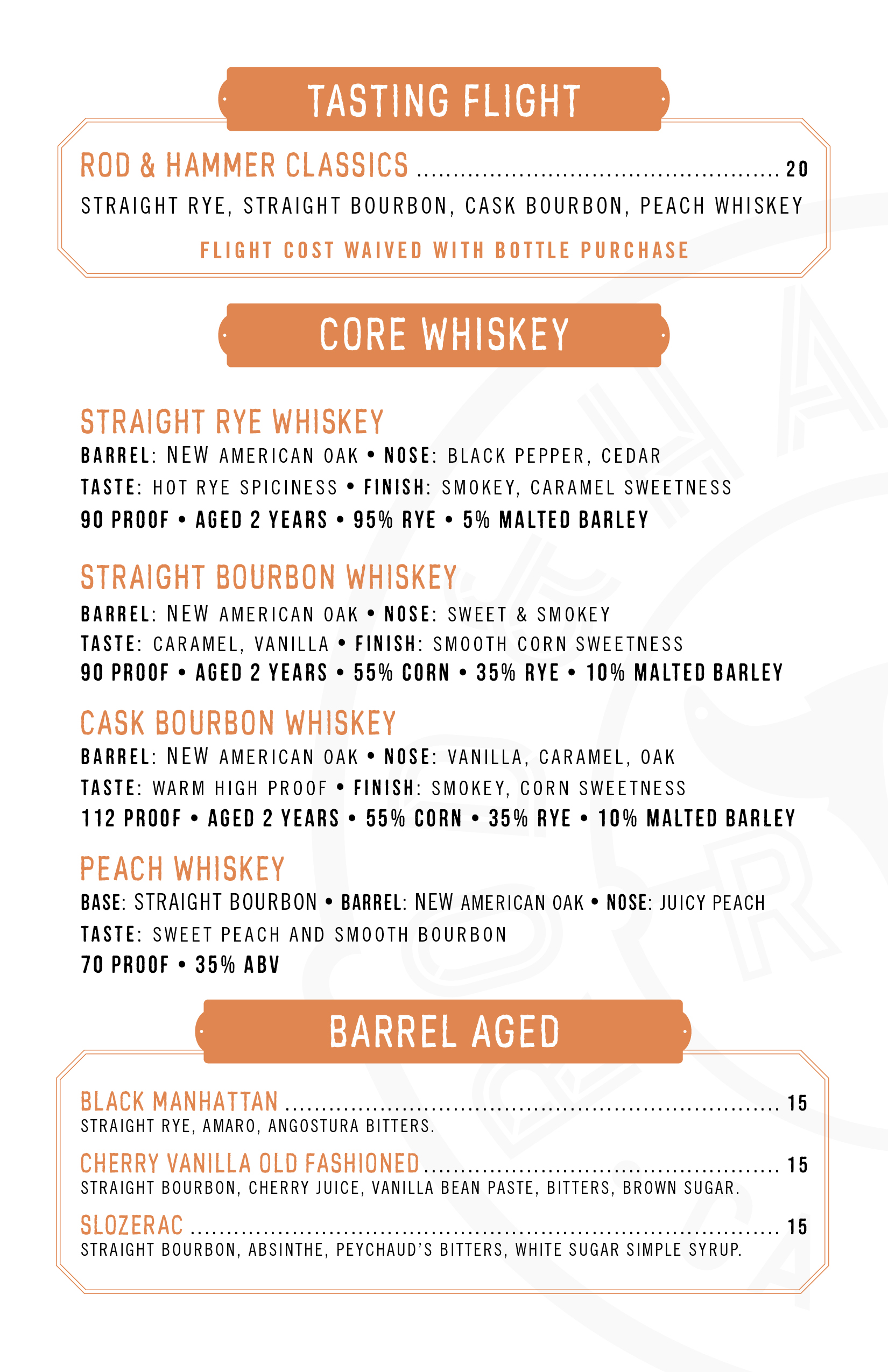 Our Menus - Rod & Hammer's - California Whiskey
