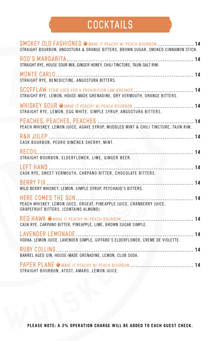 Our Menus - Rod & Hammer's - California Whiskey